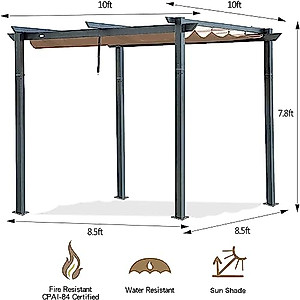 10'x10' Outdoor Retractable Pergola with Sun Shade Canopy, Heavy-Duty Aluminum Pergola Patio Modern Pergola with Retractable Canopy Sunshelter Pergola, Dark Grey+Khaki