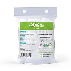 Sky Organics Organic Jumbo Cotton Balls for Sensitive Skin, 100% Pure GOTS Certified Organic for Beauty & Personal Care, 60 ct.