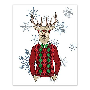 Christmas Hipster Reindeer Prints - Set Of 4 (8 Inches X 10 Inches) Christmas Holiday Photographs
