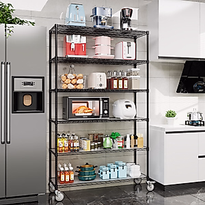 Metal Shelf Wire Shelving Unit, NSF 6 Tier 6000lbs Heavy Duty Adjustable Storage Rack with 5in Wheels and Shelf Liners for Commercial Grade Utility Steel Storage Rack - 20" D x 48" L x 84.5" H Black