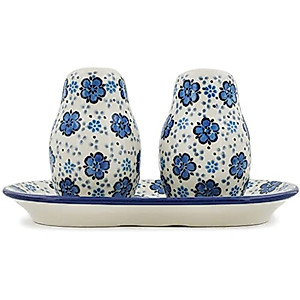 Polish Pottery Salt and Pepper 3-Piece Set made by Ceramika Artystyczna (Flowing Blues Theme) + Certificate of Authenticity