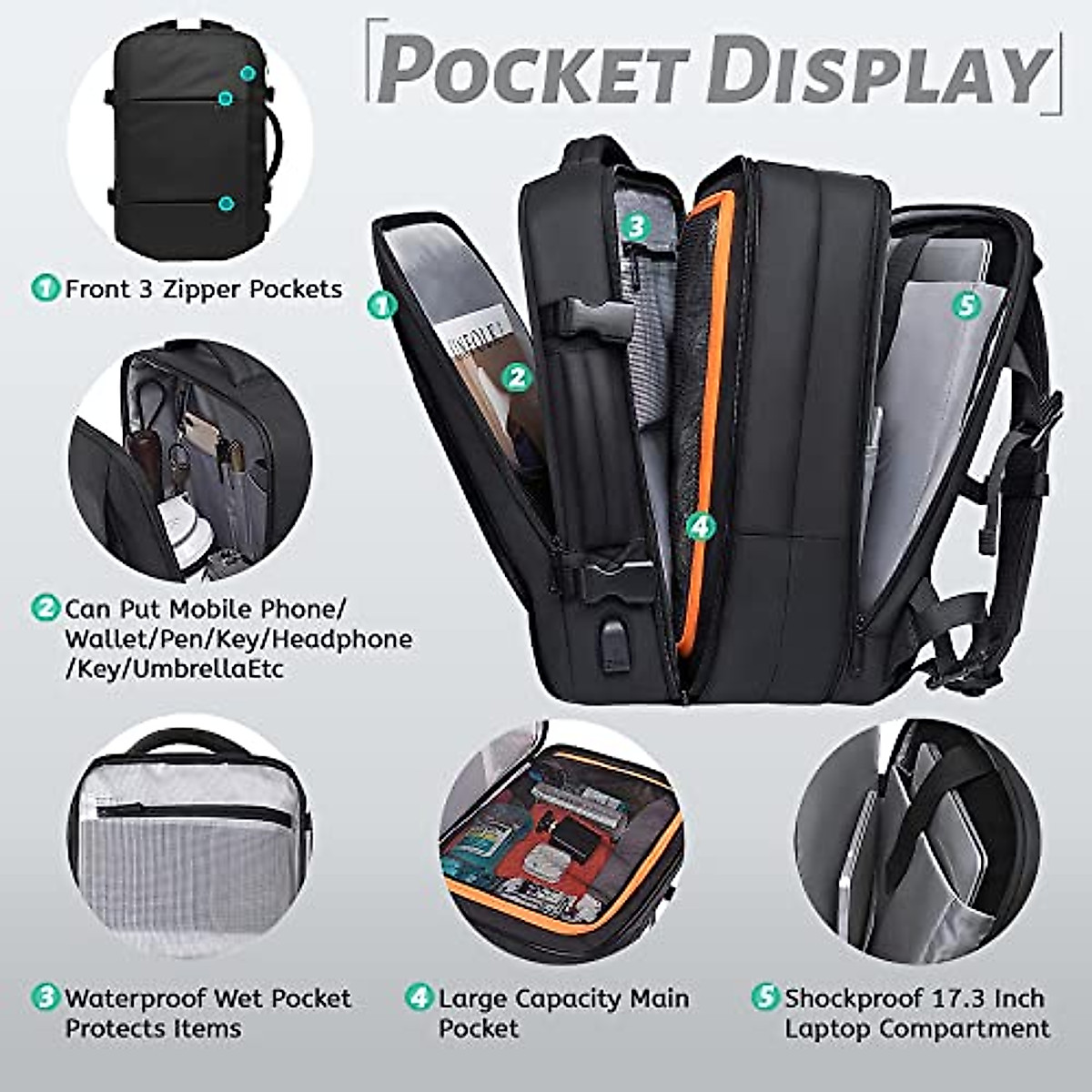 Bange 45L Travel Backpacks Expandable Luggage Backpack USB Charging Port Flight Approved Carry On Backpack With Wet Pocket Water Resistant Business Backpack 17.3 In Laptop College Daypack Black Large