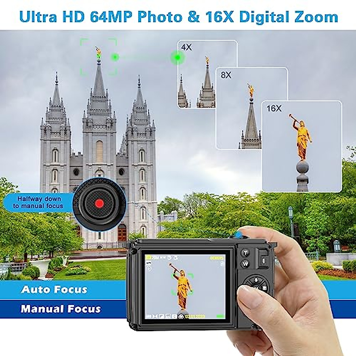 Digital Camera 4K,Vmotal UHD 64MP Photo 4K Video 60FPS,Dual Screens 2.8”+2.4”/16x Zoom/Time-Lapse/Slow-Motion/Autofocus/Manual Focus, with WiFi, Vlogging Camera for YouTube