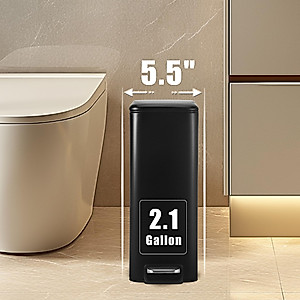 EmoH Small Bathroom Trash Can with Soft Close Lid, Step Pedal, 8 Liter / 2.1 Gallon Stainless Steel Garbage Can with Removable Inner Bucket, for Dorm Room,Bedroom, Home Office, Toilet, RV(Black)