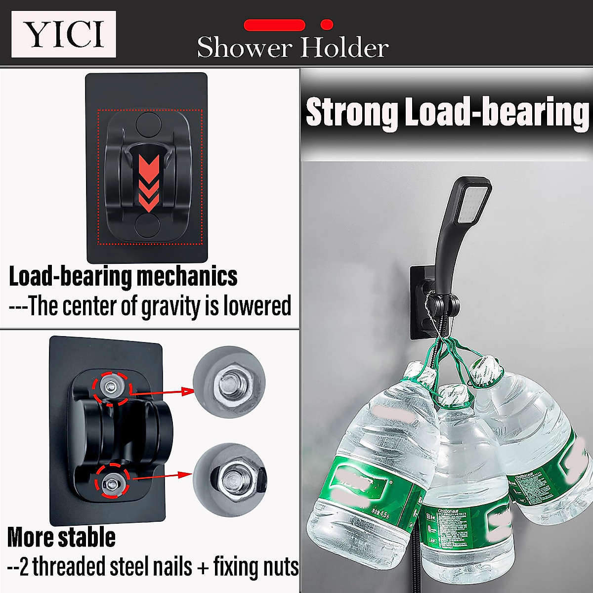 YICI Handheld Shower Bracket Shower Head Holder No Drilling Strong Adhesive Hand Shower Holder Angle Adjustable(Standard Black)