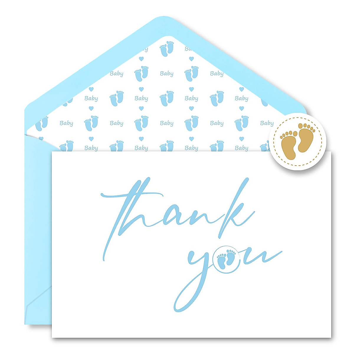 AZAZA Baby Shower Thank You Cards with Envelopes Footprint Liners, 30pcs Baby Boy Blue Thank You Cards 4x6, Thank You Note and Gold Stickers for Baby Gift Sets (Blue Envelopes & White Cards)