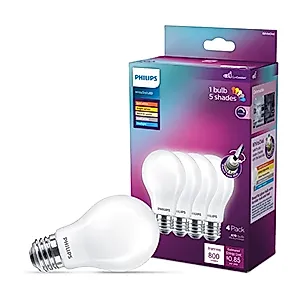 Philips LED White Dial Flicker-Free Frosted A19, Warm to Cool White Light, Dimmable, Eye Comfort Technology, 800 Lumen, 7W=60W, Title 20 Certified, E26 Base, 4PK