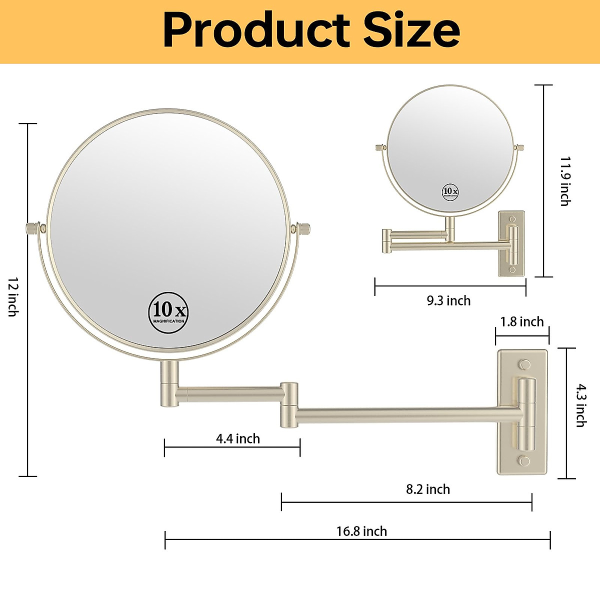 Wall Mounted Makeup Mirror - 8 inch Double Sided Retractable 360° Rotating Magnifying Mirror Wall Mounted Bathroom Swing Mirror Decorative Brushed Nickel