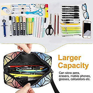Luminous Pencil Bag Large Capacity Portable Pencil Pouch Geometric Pen Bag Pencil Case Zipper Stationery Bag with Wrist Strap