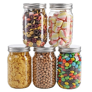 Tebery 12 Pack Clear Plastic Mason Jars with One Piece Lids, 16OZ Mason Cocktail Cup Shatterproof Drinking Jar, Refillable Empty Slime Storage Containers for Overnight Oats, Honey, Spices and Herbs