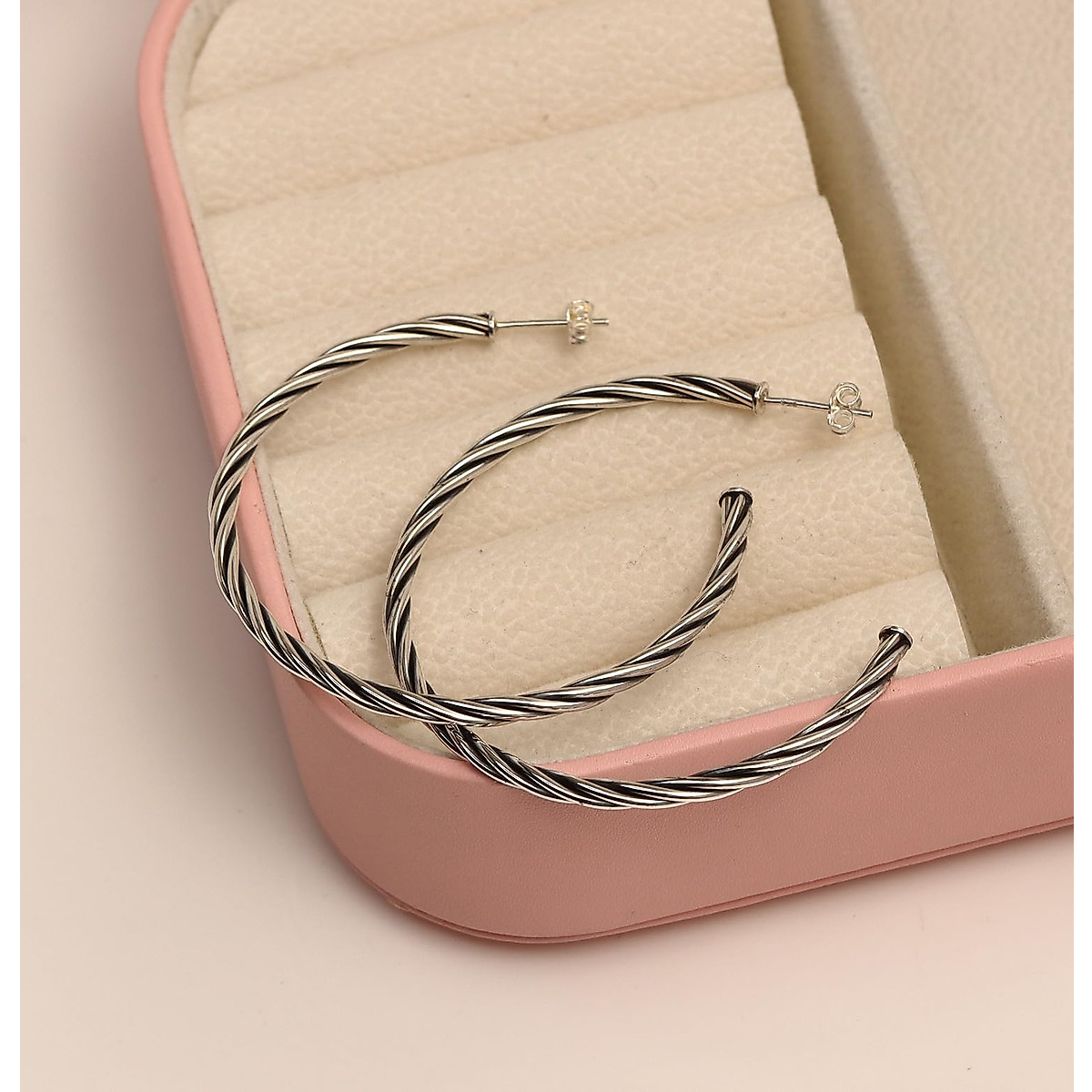 LeCalla Pure 925 Sterling Silver Twisted Diamond-Cut Open Half C Hoops Earring for Women Large Antique Sculpted Cable C Hoop Earrings for Women - 50MM