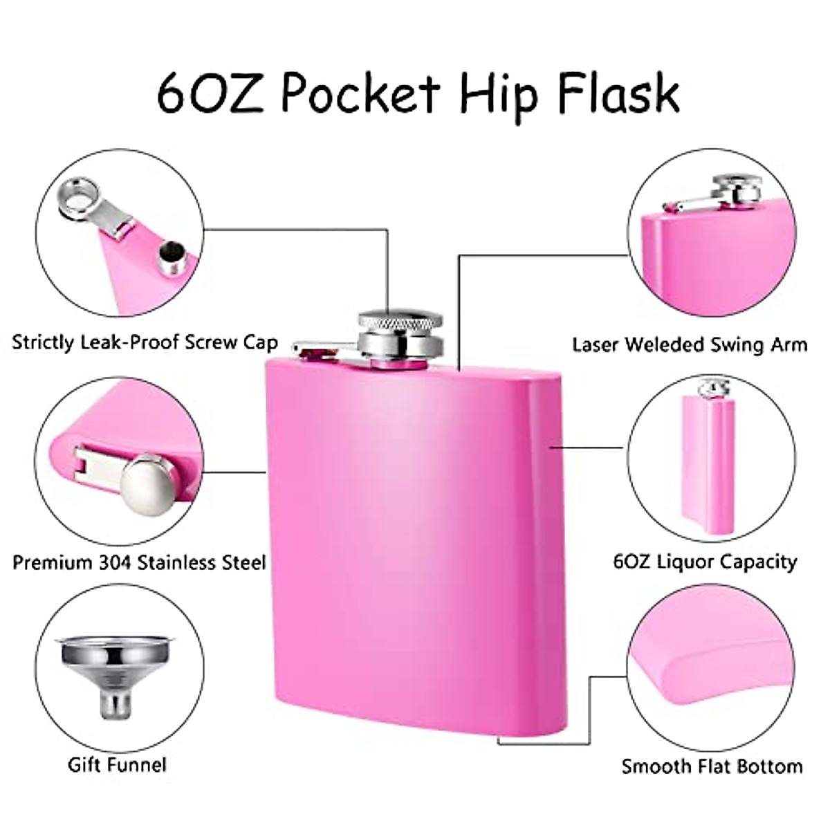 FOPAXDOF Hip Flask for Liquor Pocket Alcohol Drinking Flask 6 OZ Stainless Steel Leak proof with Funnel Flask set (Pink)