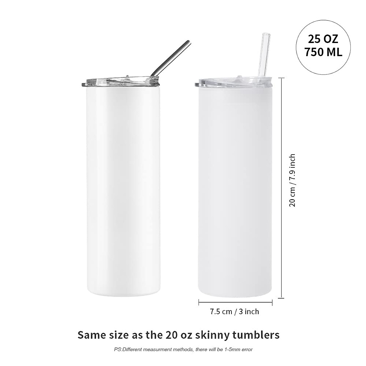 PYD Life Sublimation Glass Blanks Skinny Tumbler Frosted 25 OZ Straight Tumbler Coffee Juice Cups with Lid and Glass Straw for Tumbler Press Sublimation Print 6 Pack