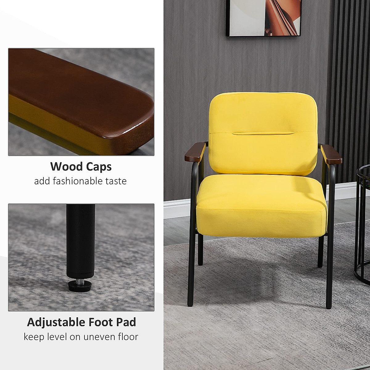 HOMCOM Modern Accent Chair with Cushioned Seat and Back, Upholstered Velvet Armchair for Bedroom, Living Room Chair with Arms and Steel Legs, Yellow