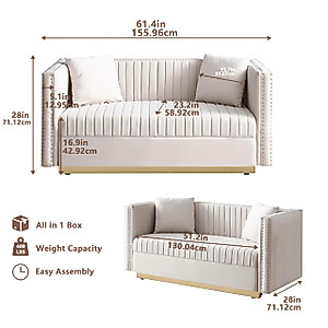 PUG258Y Loveseat Modern Sofa Couch: 61.4 Inchs Mid-Century Sofa with Extra Deep Seats, 2 Seater Sofa Couch for Living Room Apartment Lounge and Office, Dual Pillows, Velvet - Medium Beige