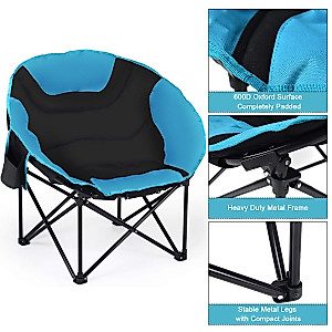 Giantex Folding Camping Chair Moon Saucer Chair Lightweight Sofa Chair Round Beach Chair with Soft Padded Seat, Cup Holder, Back Bag and Metal Frame Chairs for Hiking, Camping, Fishing or Picnic