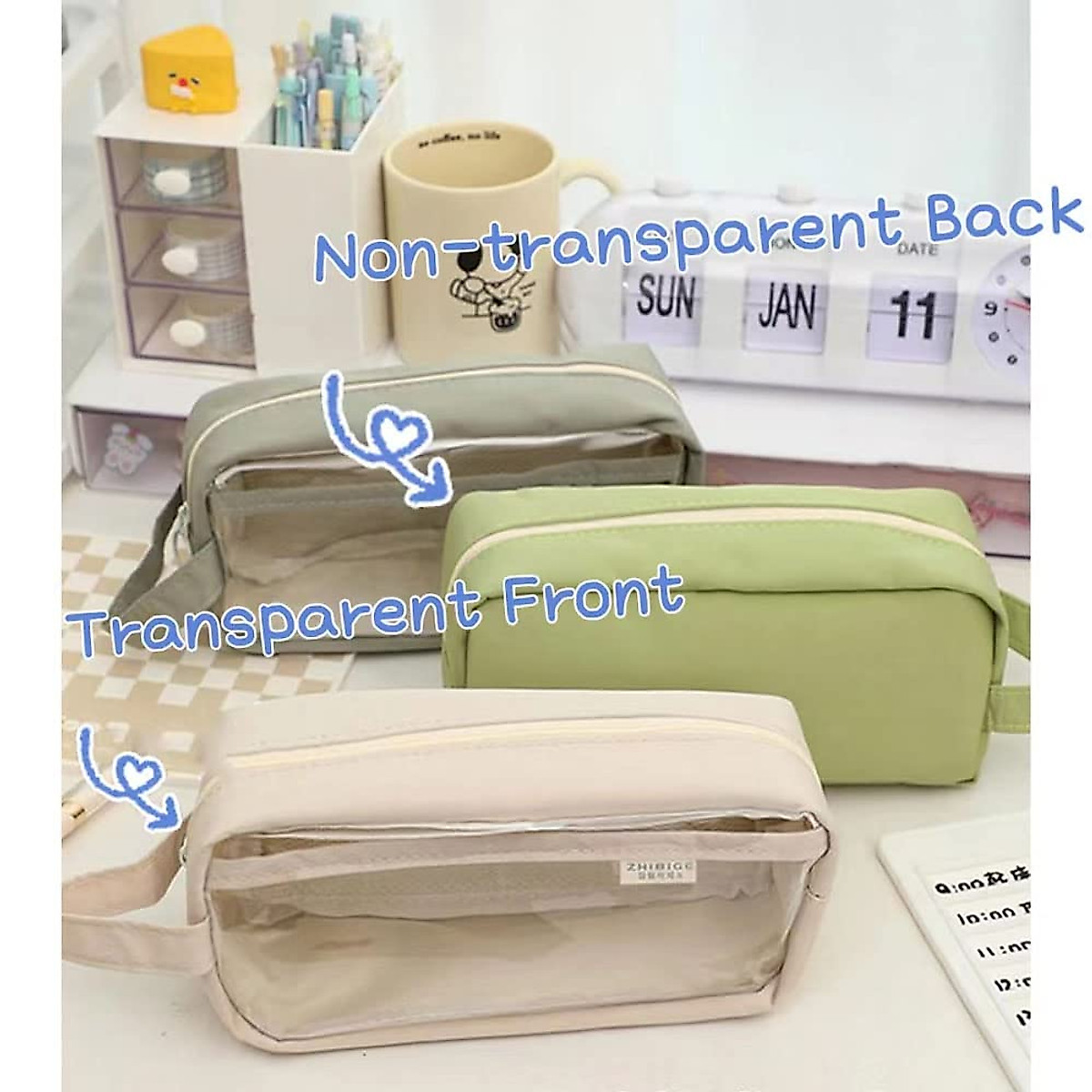 Clear Pencil Pouch Aesthetic School Supplies Large Cute Pencil Case for Girls Preppy Pencil Case Aesthetic (Beige,with Clip & Sticky Note)