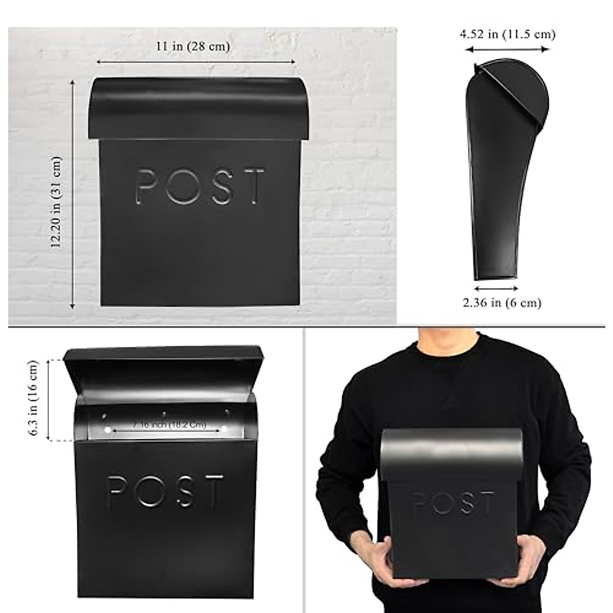 NACH Wall Mount Mailboxes for Outside, 11x4.5x12.5 in Black Mailbox, Waterproof Mailbox for House - Vicki-Style Mailbox