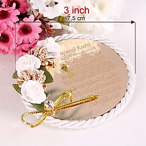 Pack of 10 Personalized Ayatul Kursi Magnet Islamic Party Favors Gifts, Ayatul Kursi Magnet Engraved on Gold Acrylic Wooden Backed Wrapped with Rope with Floral Ornaments in Decorated Gift Box
