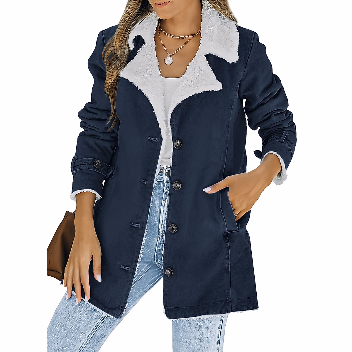 Dokotoo Womens Winter Jean Denim Jacket Coats Long Sleeve Open Front Fleece Jacket Stand Collar Button Down Sherpa Fashion Coats for Women 2024 Cardigans Outerwear with Pockets Blue Large