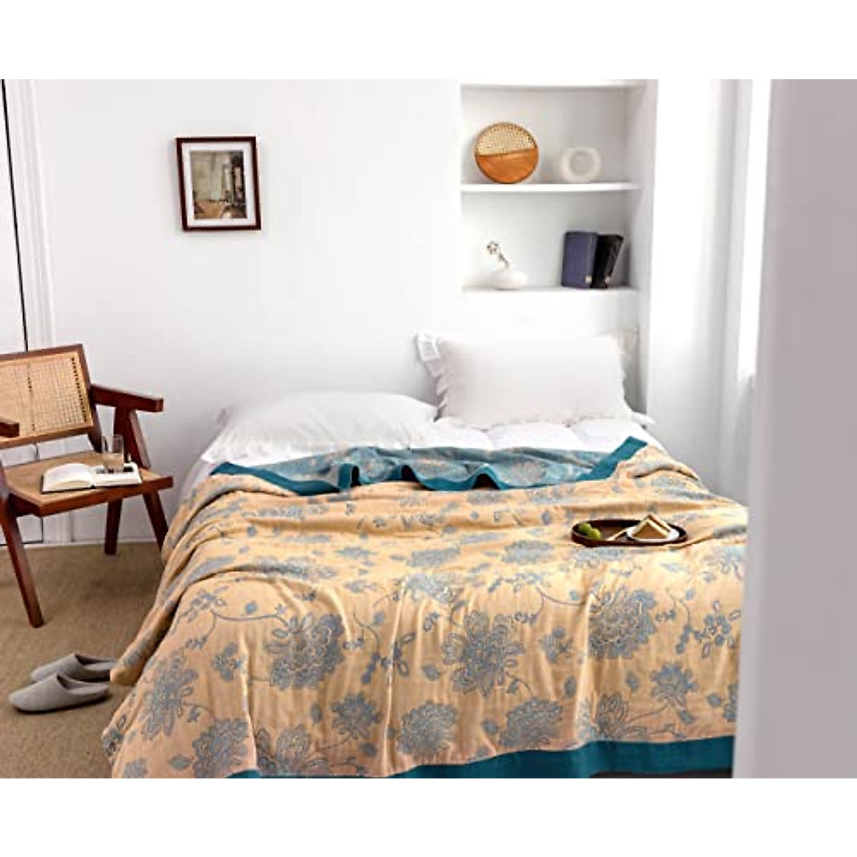 DECMAY Muslin Warm Bohemian Throw Blanket, 5-Layer Cotton Bedspread Blanket for Bed Couch, Super Soft, Cozy for All Seasons Twin Size (Yellow, 60"X80")