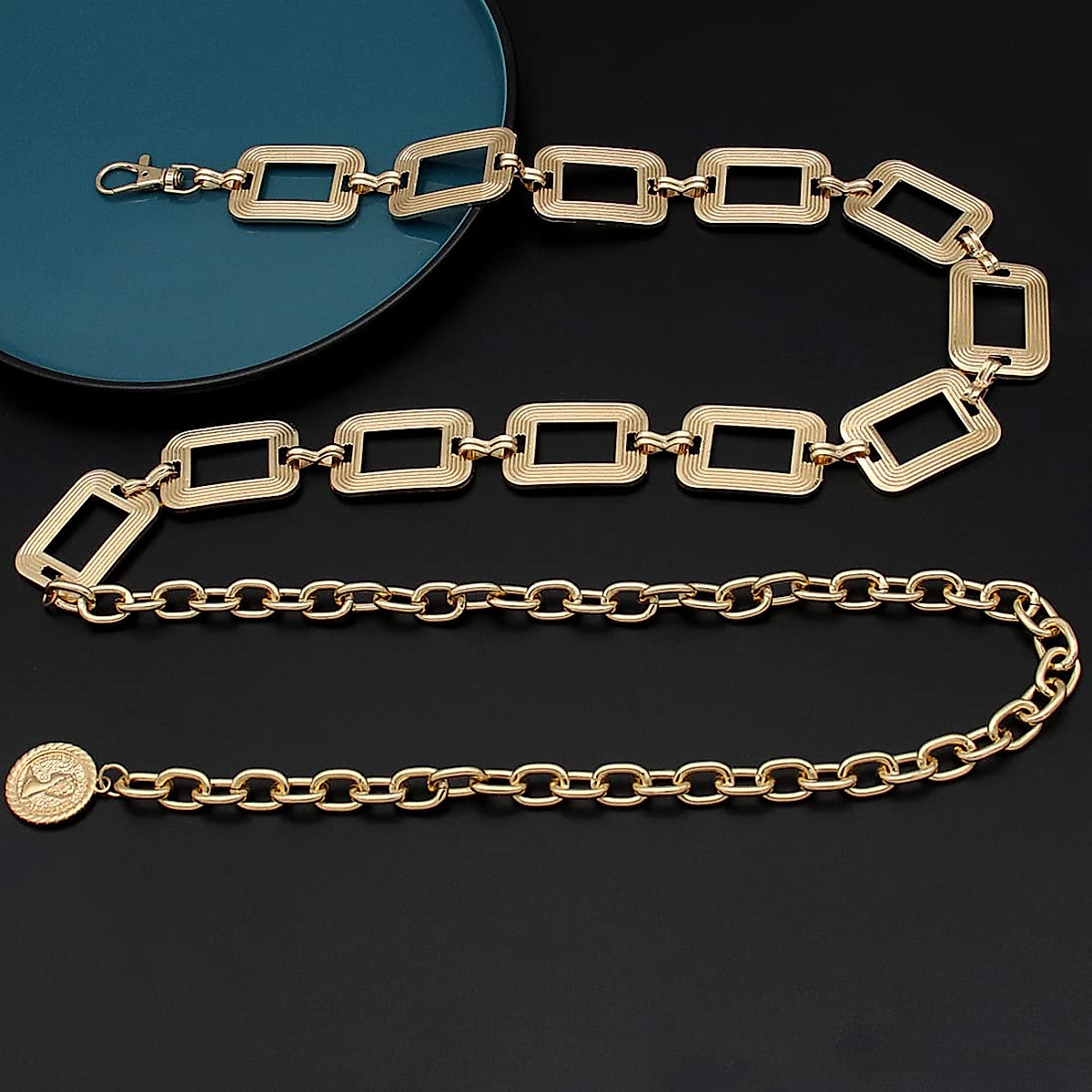 HIQUACC Women's Metal Waist Chain Chunky Body Jewelry Belly Link Belt (Square Gold-XL)