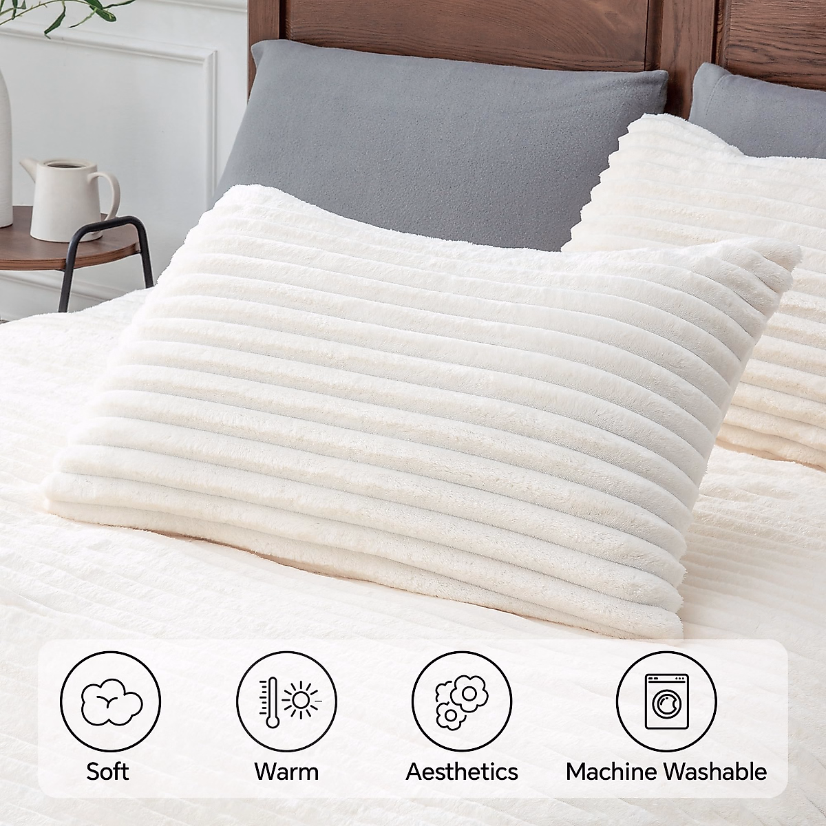 BEDELITE Fleece Queen Comforter Set -Super Soft & Warm Fluffy White Bedding, Luxury Fuzzy Heavy Bed Set for Winter with 2 Pillow Cases