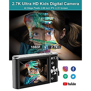 Digital Camera 2.7K Ultra HD Mini Camera 44MP 2.8 Inch LCD Screen Rechargeable Students Compact Camera Pocket Camera with 16X Digital Zoom YouTube Vlogging Camera for Kids,Adult,Beginners(Black)