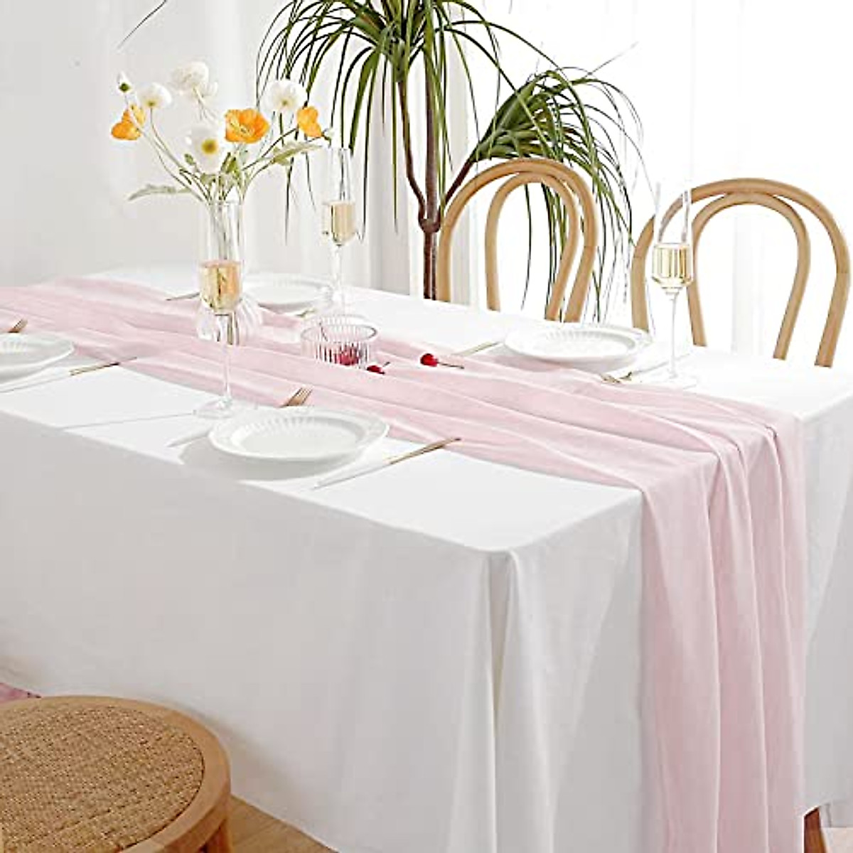 FYY 2PCS 10ft Chiffon Table Runner,29x120 Inches Romantic Wedding Runner,Pink Sheer Chiffon Table Cover Dressing Table Runner for Wedding Birthday Party Bridal Baby Shower Decorations-Pink
