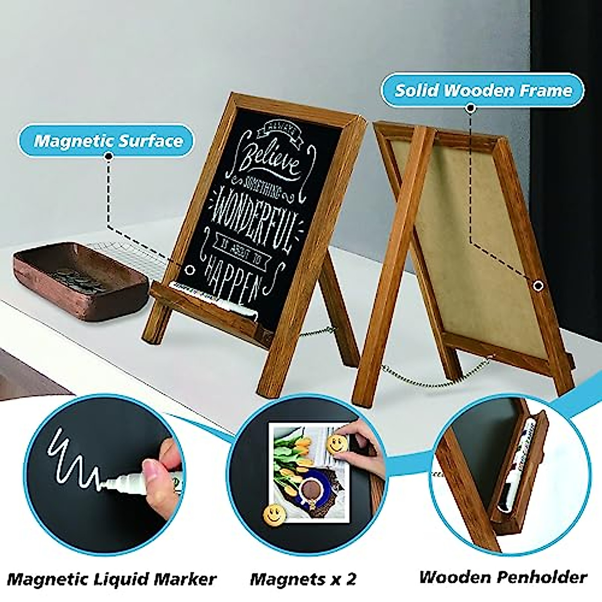 4 THOUGHT Tabletop Small Chalkboard Signs for Food, 9.5" x 14" Magnetic Wooden Mini Chalkboard with Stand Kids Chalk Board Easel Countertop Menu Board for Kitchen Home Cafe Wedding, Rustic Brown