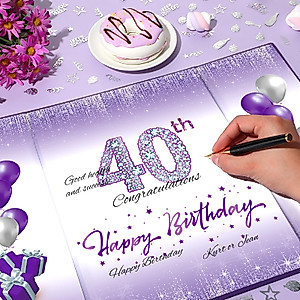40th Birthday Decorations for Women Purple Silver Happy 40th Birthday Signature Guest Book Alternative for Women Men 40th Birthday Anniversary Party Gifts Supplies Favor Decor Greeting Card Creative