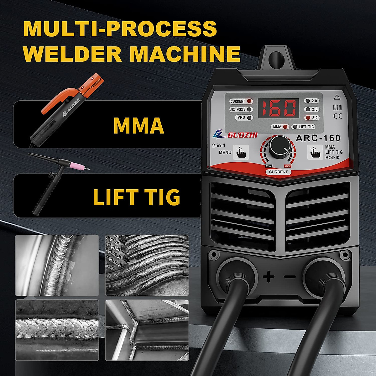 GZ GUOZHI 110/220V MMA Welder, 160A Stick ARC Welding Machine IGBT Digital Display LCD Hot Start Welder with Electrode Holder, Work Clamp, Input Power Adapter Cable…