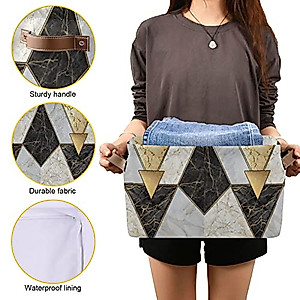 Modern Marbling Gold Black White Marble Geometric Triangle Granite 1 PC Rectangle Storage Basket Collapsible Fabric with Leather Handles Bag Organizer Clothes for Home Bedroom 15 x 11 x 9.5 in