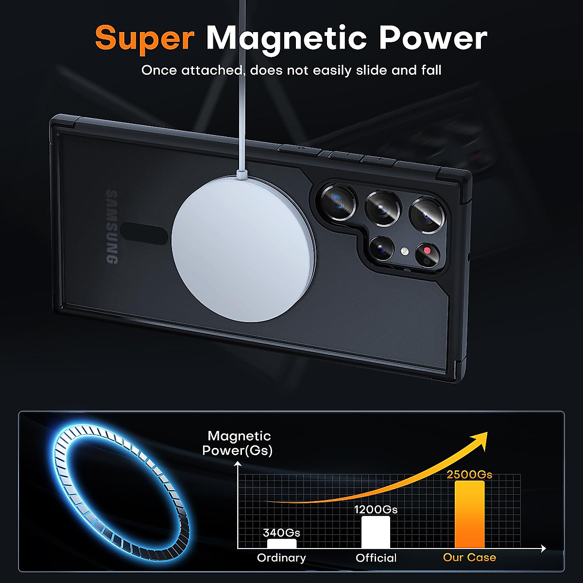 TOCOL for Samsung Galaxy S22 Ultra Case Magnetic, [Wireless Charging Compatible ][Military Drop Protection] Translucent Matte Back Cover for S22 Ultra, Black