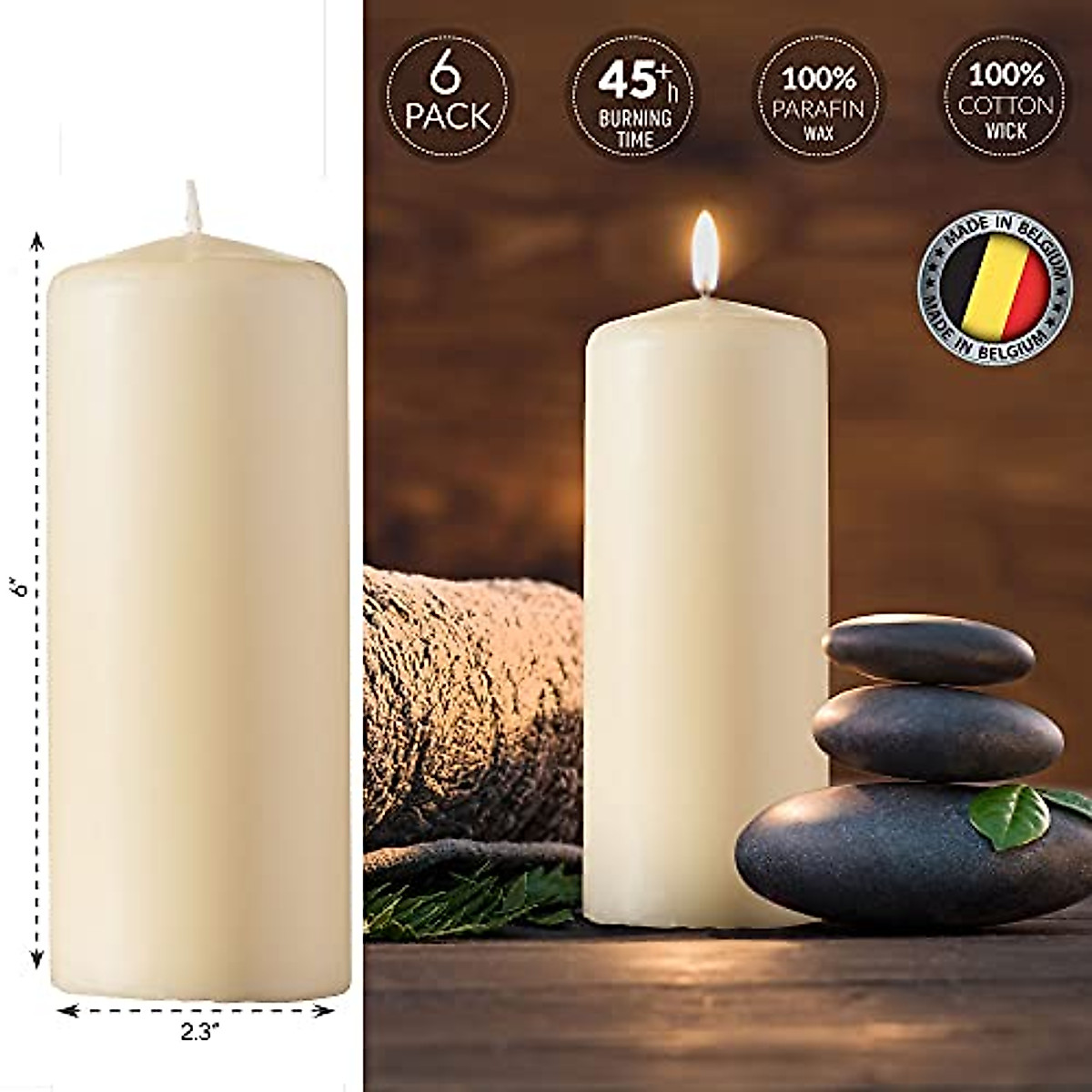 SPAAS Ivory Pillar Candles - 9 Pack | 6 Inch Large Ivory Dripless Pillar Candles | Long Burning Unscented Pillar Candles for Home Décor, Memorial, Vigil, Parties, Wedding, Decorative Lantern