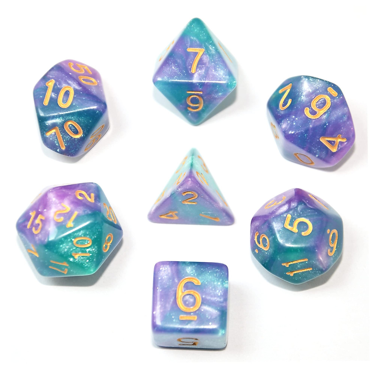 SmartDealsPro 7-Die Glitter Polyhedral Dice Set with Pouches for DND RPG MTG Dungeon and Dragons Table Board Roll Playing Games D4 D8 D10 D12 D20 (Blue-Purple)