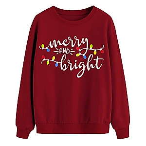 Christmas Sweatshirt Women Merry and Bright Christmas T-Shirt Funny Xmas Lights Blouse Tops Holiday Shirts (Wine Red, XX-Large)