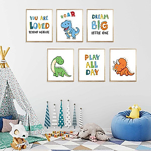 Dream Big Dinosaur Wall Art Inspirational Dinosaur Wall Decor for Classroom Nursery Bedroom, Dinosaur Art Prints Set of 6 (8”X10”), Dinosaur Bathroom Decorations for Bedroom Home Living Room, Unframed