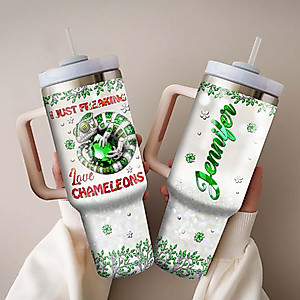 WAZONE Personalized Chameleon Tumbler 40oz with Handle and Straw Custom Name I Just Freaking Love Chameleons Stainless Steel Tumblers Jewelry Style Travel Mug Gifts for Women Animal Lovers