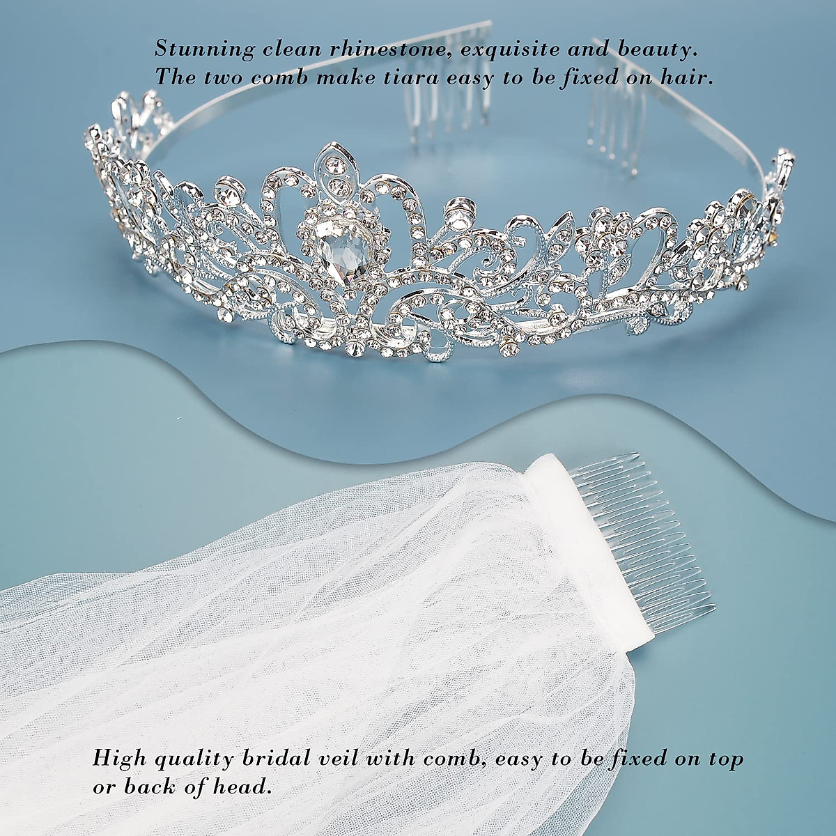 Didder Tiara and Lace Bridal Veil, Crown Wedding Veils and Headpieces for Women, White Veils for Brides Tiaras for Women Bachelorette Veil Ribbon Edge With Comb for Wedding Party