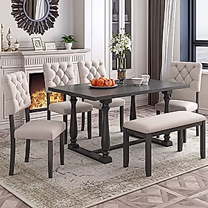 6 Pieces Dining Table Chair Set, Rectangle Dining Table with 4 Upholstered Chairs & a Bench, Wood Kitchen Table Chairs Set for 6 Persons, Modern Style Dining Room Set (Gray+ Beige)