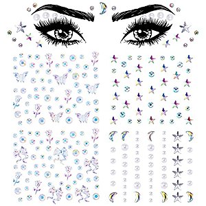 OIIKI 4 Sheets Star Face Eye Stickers, Star Jewelry Eye Body Sticker, Acrylic Crystal Face Gems, Halloween Moon Pearls Butterfly Face Makeup Stickers, 4 Styles Rhinestone Tattoos for Women, Girls