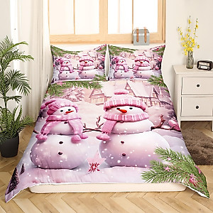 Manfei Cute Snowman Bedding Set for Kids Girls Girly Pink Scarf Comforter Cover Winter Style Snow Duvet Cover Kids Girls Room Decor Happy New Year Bedspread Cover Queen Bedding Collection 3Pcs