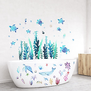 Marspark Under the Sea Wall Decals 3 Sheets Sea Turtle Wall Stickers Ocean Animal Wall Art Decals Underwater Ocean Grass Colorful Seaweed Decals Bubbles Vinyl Wall Sticker for Bedroom Living Room Home
