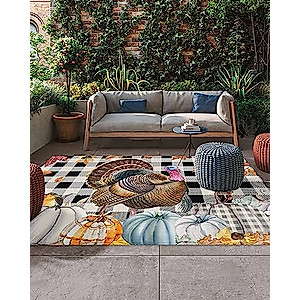 Outdoor Rug Carpet 5x8feet, Thanksgiving Retro Turkey Camping Area Rugs Soft Non-Shedding Non-Slip Floor Carpets Mat for Indoor Living Room,Bedroom Fall Harvest Pumpkin Buffalo Grid