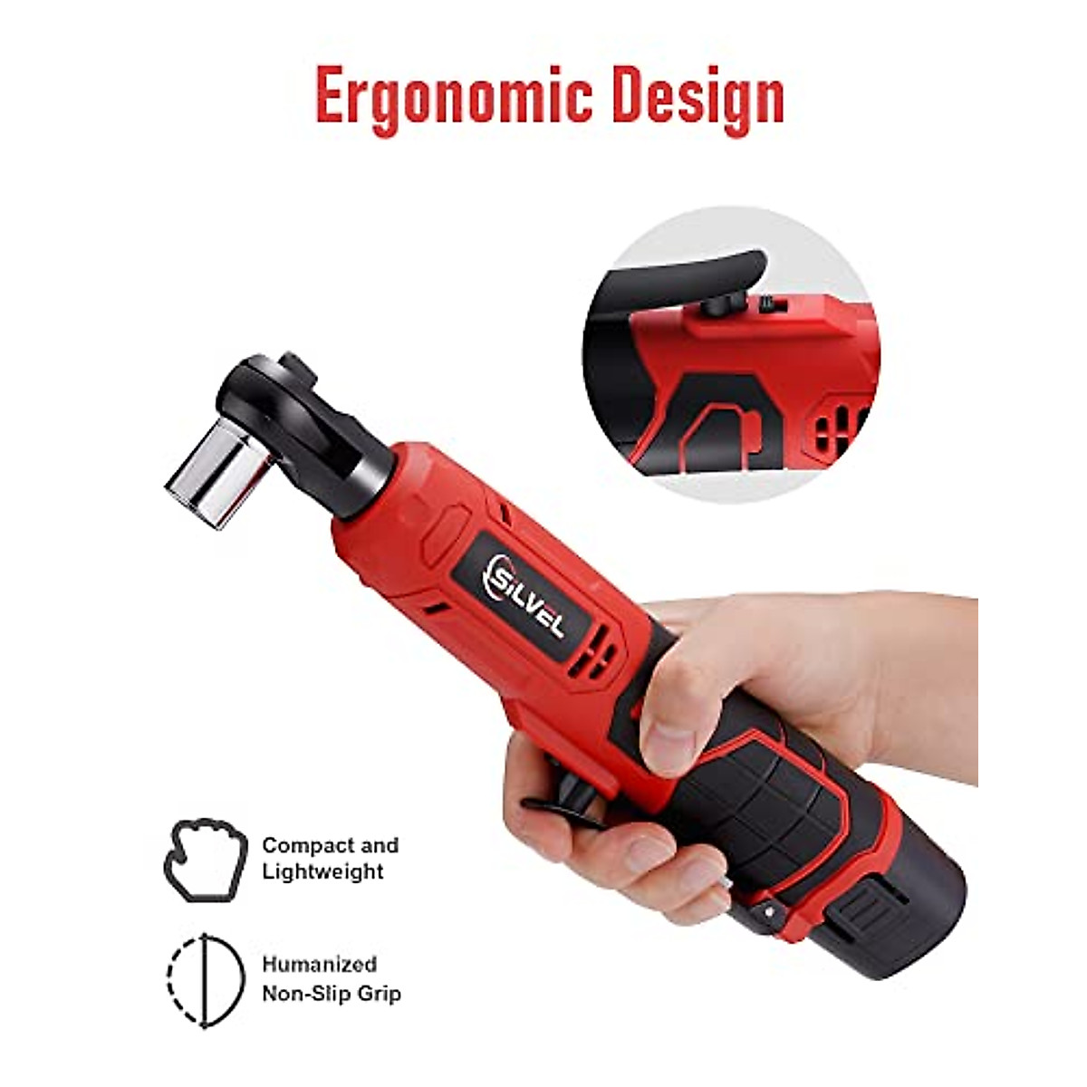 SILVEL 3/8" Cordeless Electric Ratchet Wrench Set, 12V 46 Ft-lbs Power Ratchet Kit With 2-Pack 2.0 Ah Lithium-Ion Batteries, 400 RPM Speed, 7 Sockets and 1/4" Adapter