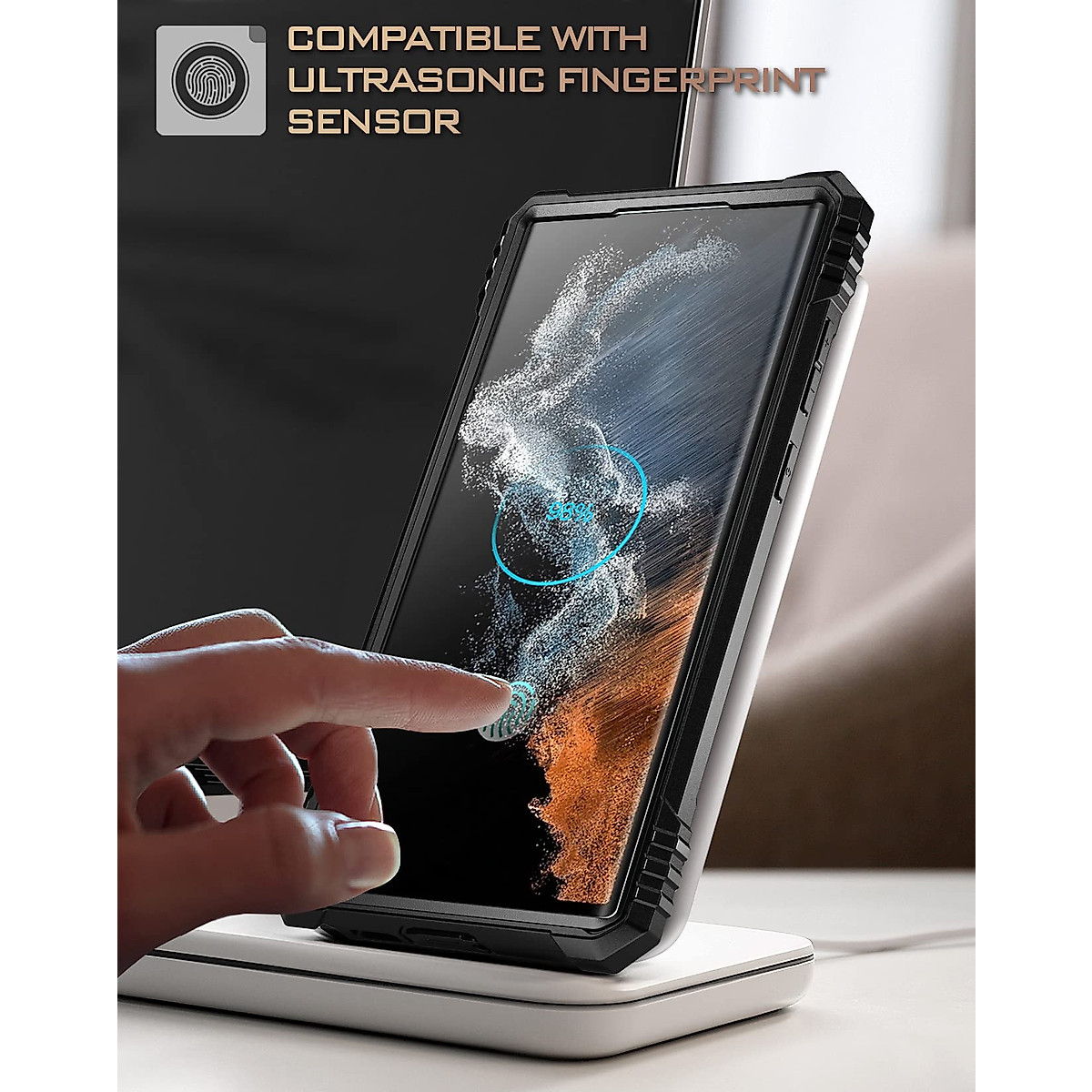 Poetic Revolution Case Compatible with Galaxy S22 Ultra 5G 6.8 inch, Full Body Rugged Shockproof Protective Cover Case with Kickstand, Built-in Screen Protector Work with Fingerprint ID, Black