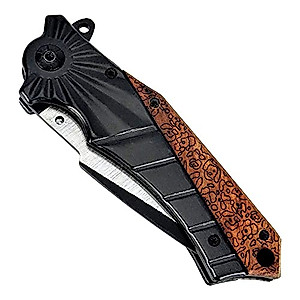 Spring Assisted Pocket Knife with Clip, Folding Pocket Knife - Decorative Metal and Wood Handle Grip