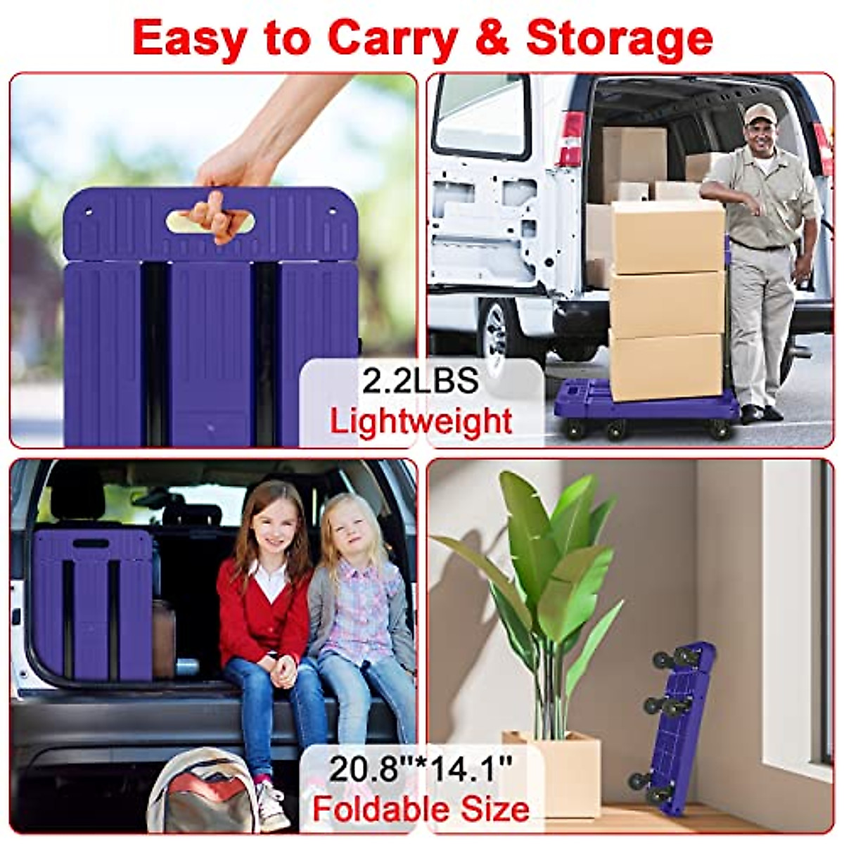 Folding Hand Truck, 500 LB Heavy Duty Luggage Cart, Utility Dolly Platform Cart with 6 Wheels for Luggage Car House Travel Moving Shopping Office Use, Purple