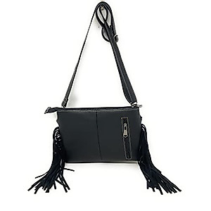 Texas West Handcrafted Genuine Leather Western Cowhide Womens Fringe Clutch Crossbody Bag in 3 Colors (Black)
